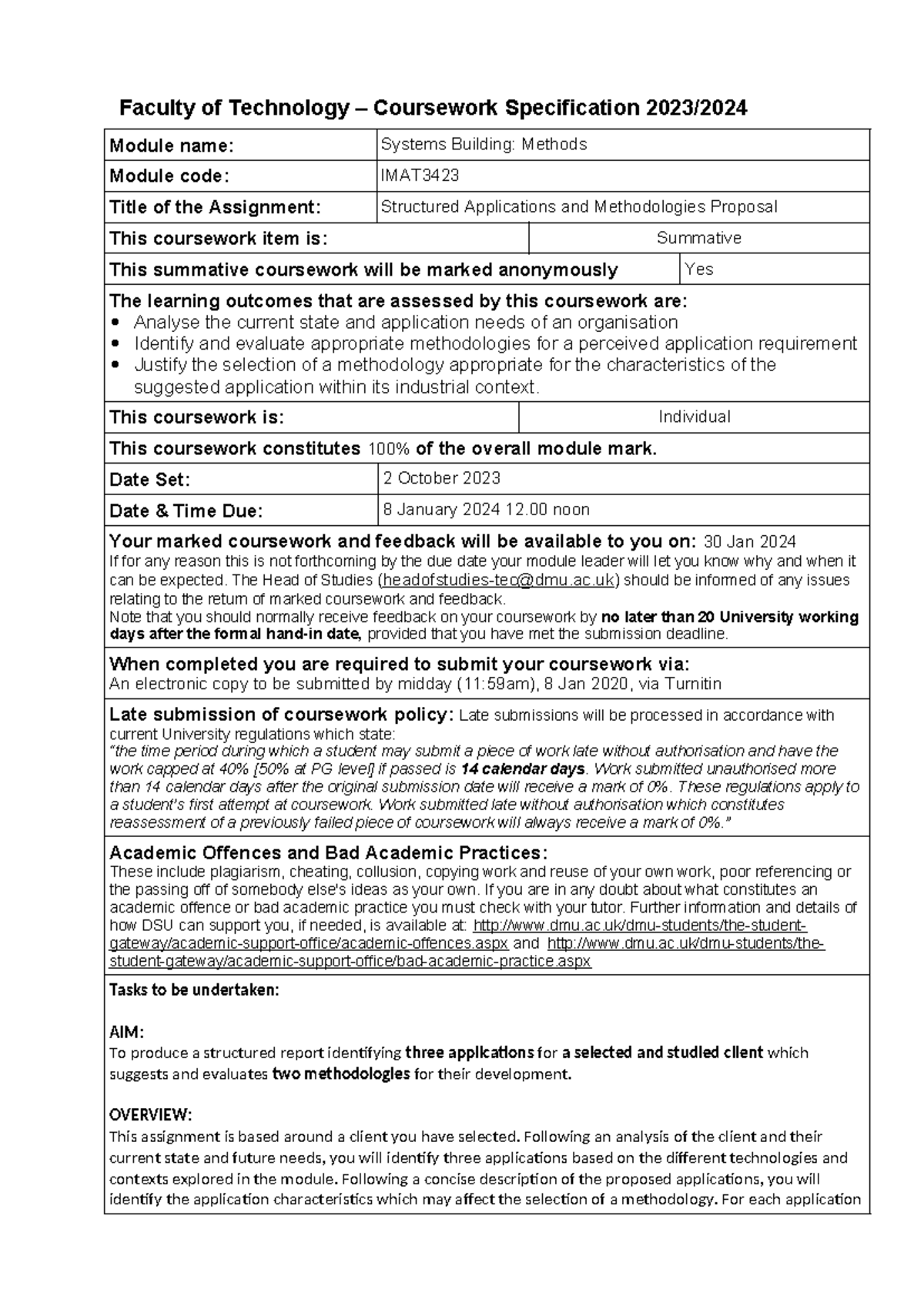 IMAT3423 coursework 2023-2024 - Faculty of Technology – Coursework ...