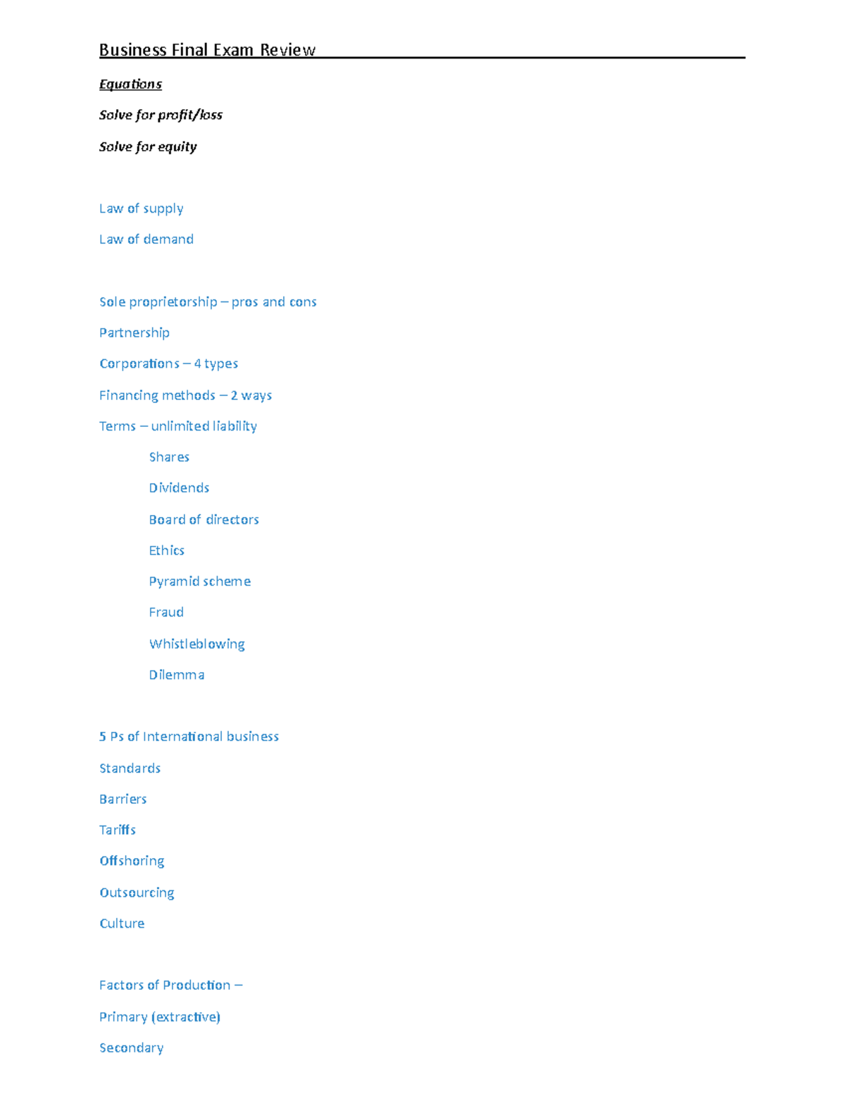 BBI Final Exam Review - Business Final Exam Review Equations Solve for ...