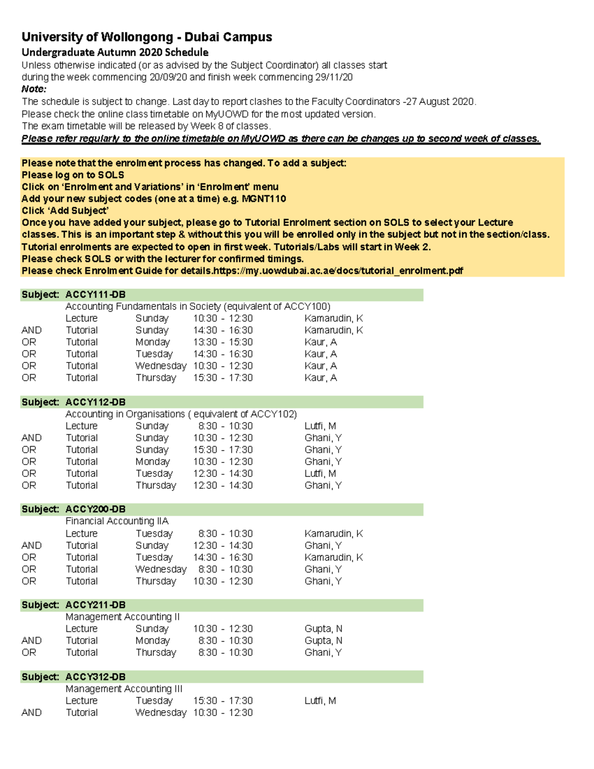 Autumn 2020 Timetable - University of Wollongong - Dubai Campus ...
