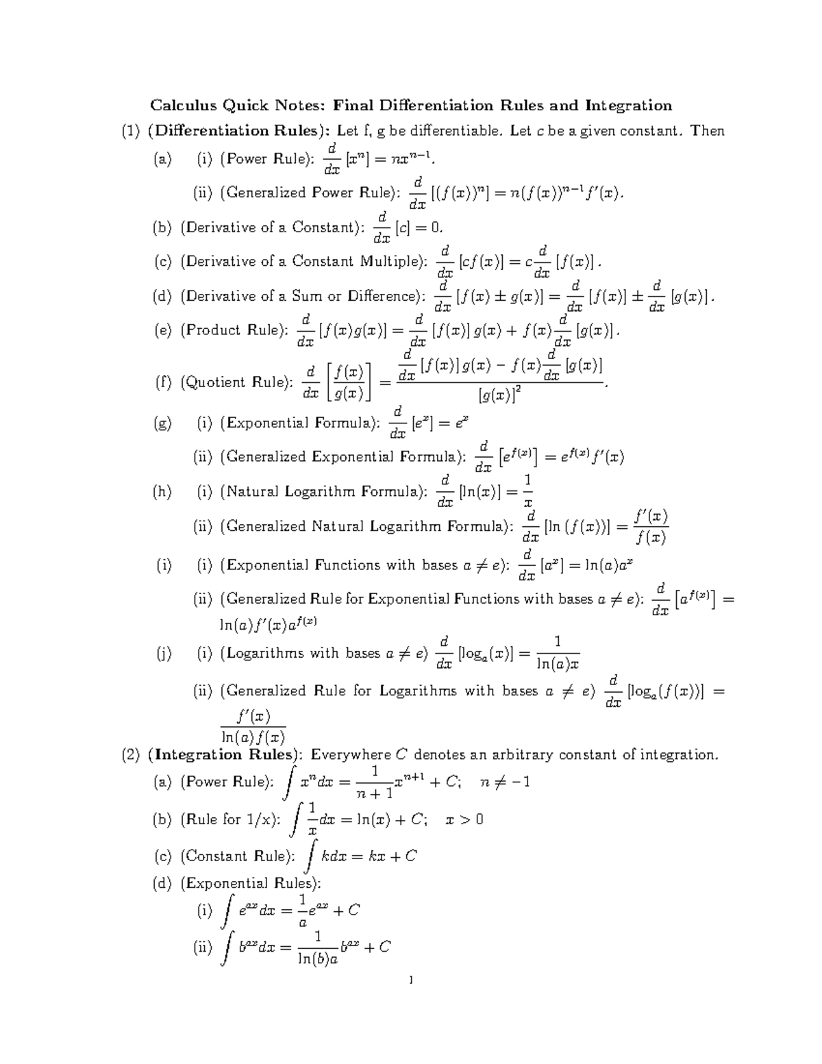 Quick Calculus Final Differentiation Rules and Integration - Calculus ...