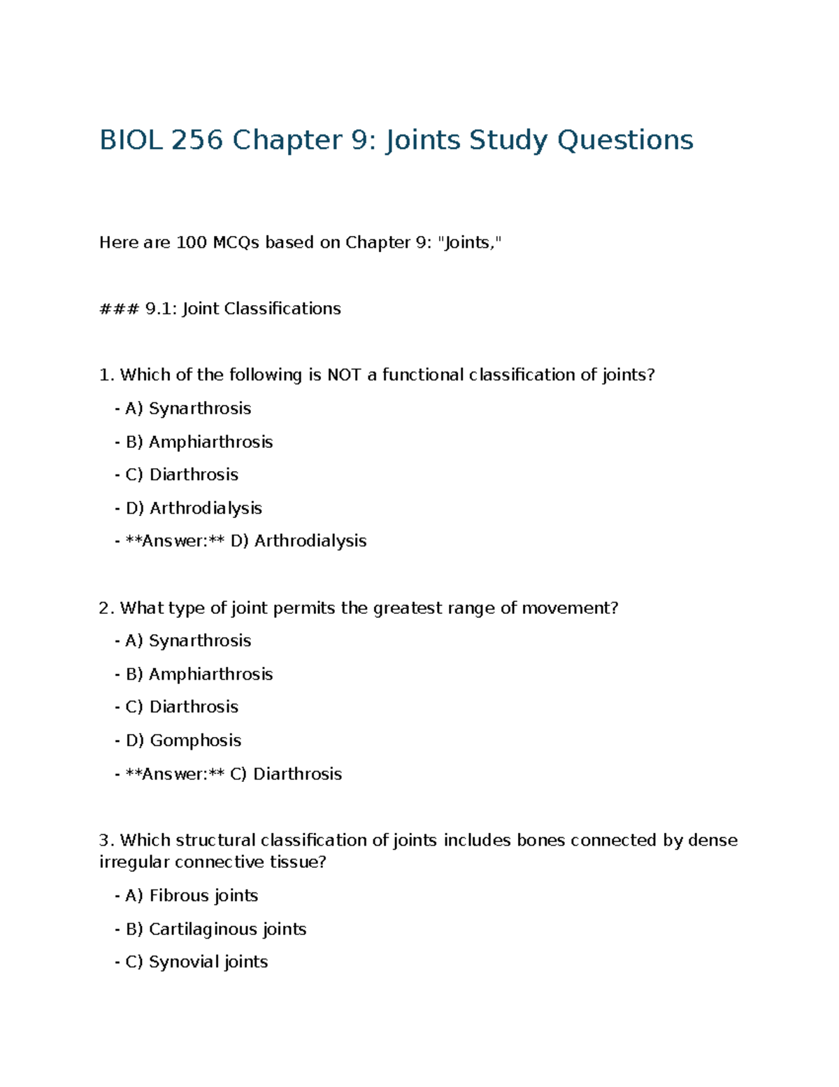 Chapter 9 Joints - Practice questions - BIOL 256 Chapter 9: Joints Study Questions Here are 100 ...