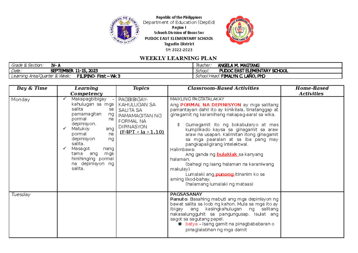 Weekly- Learning-PLAN Filipino W3 - WEEKLY LEARNING PLAN Grade ...