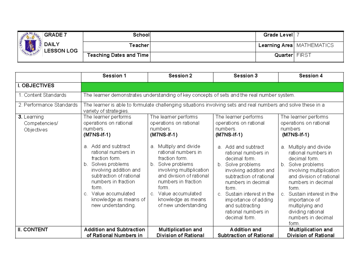 WEEK 6 - answer - GRADE 7 DAILY LESSON LOG School Grade Level 7 Teacher ...