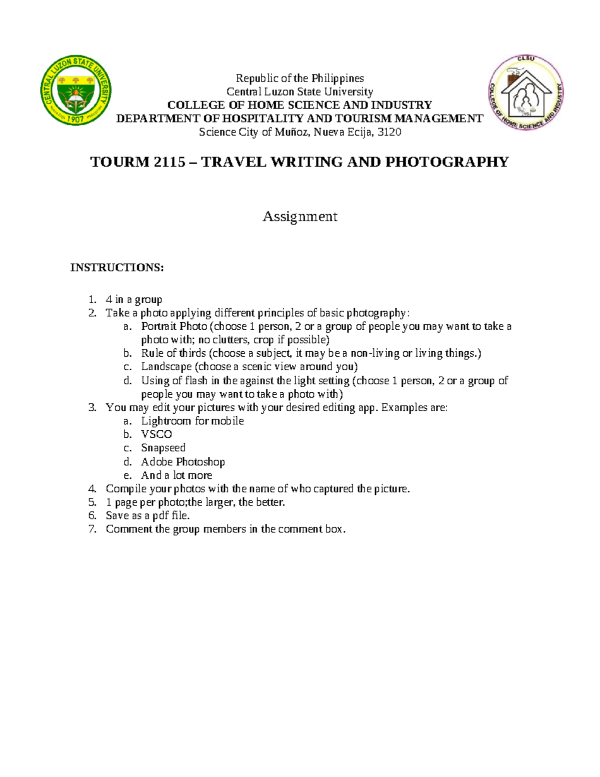Assignment - Republic of the Philippines Central Luzon State University ...