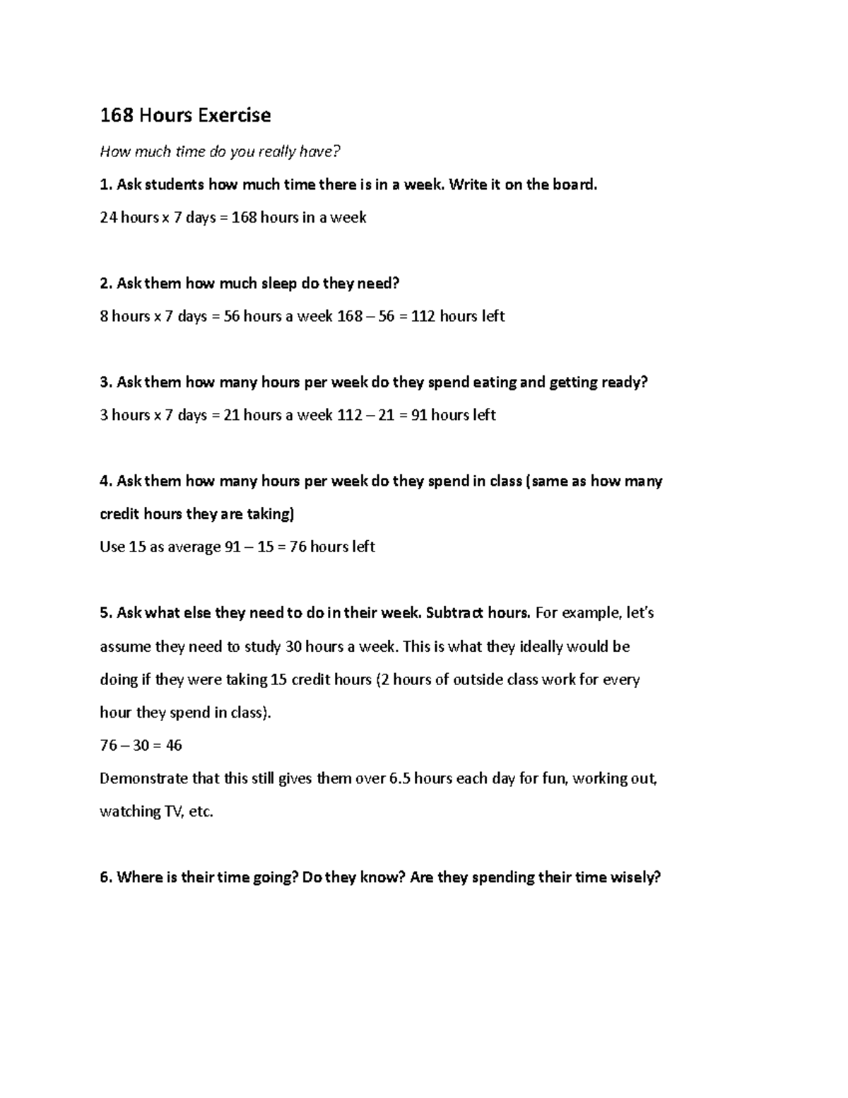 168 Hours Exercise - Time management - 168 Hours Exercise How much time ...