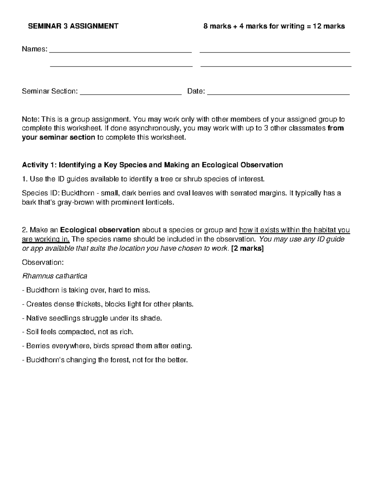 BIOL1070 Dairy Bush Worksheet - SEMINAR 3 ASSIGNMENT 8 marks + 4 marks ...