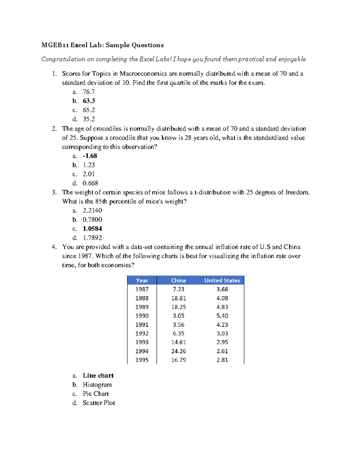 MGEB11 Excel Lab Sample Questions - MGEB11 Excel Lab: Sample Questions Congratulation on ...
