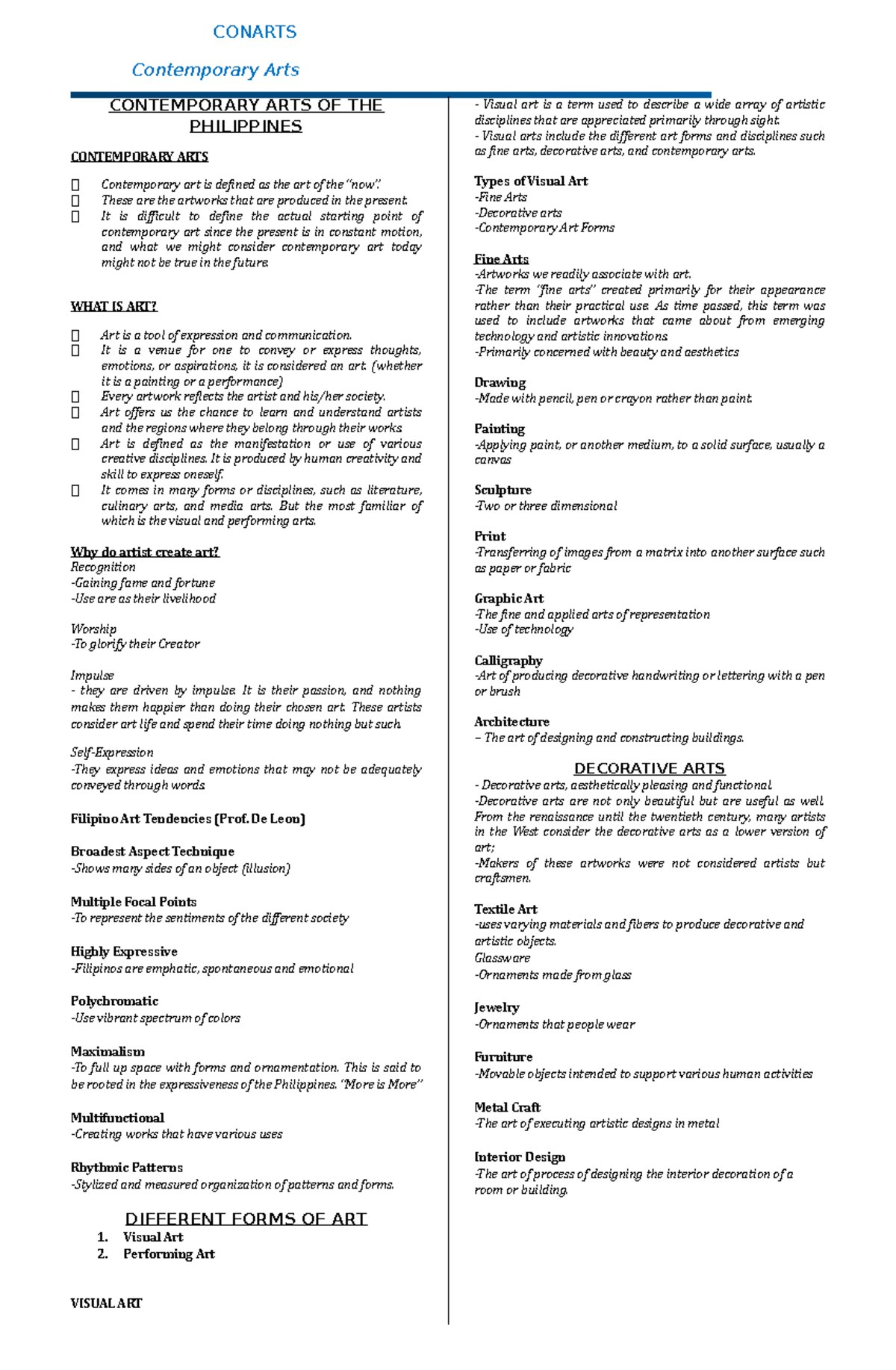 Conarts-notes - contemporary arts notes - CONTEMPORARY ARTS OF THE ...