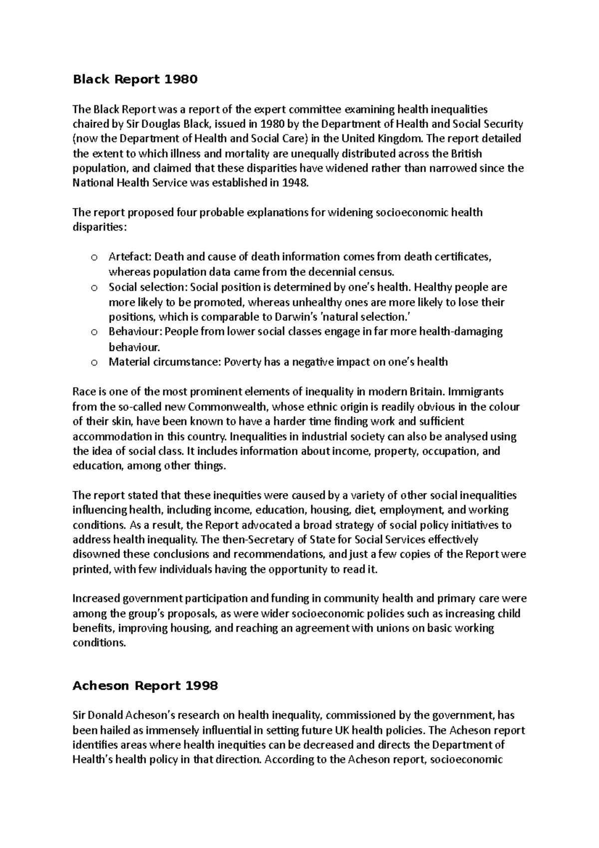 Black report - The report detailed the extent to which illness and ...