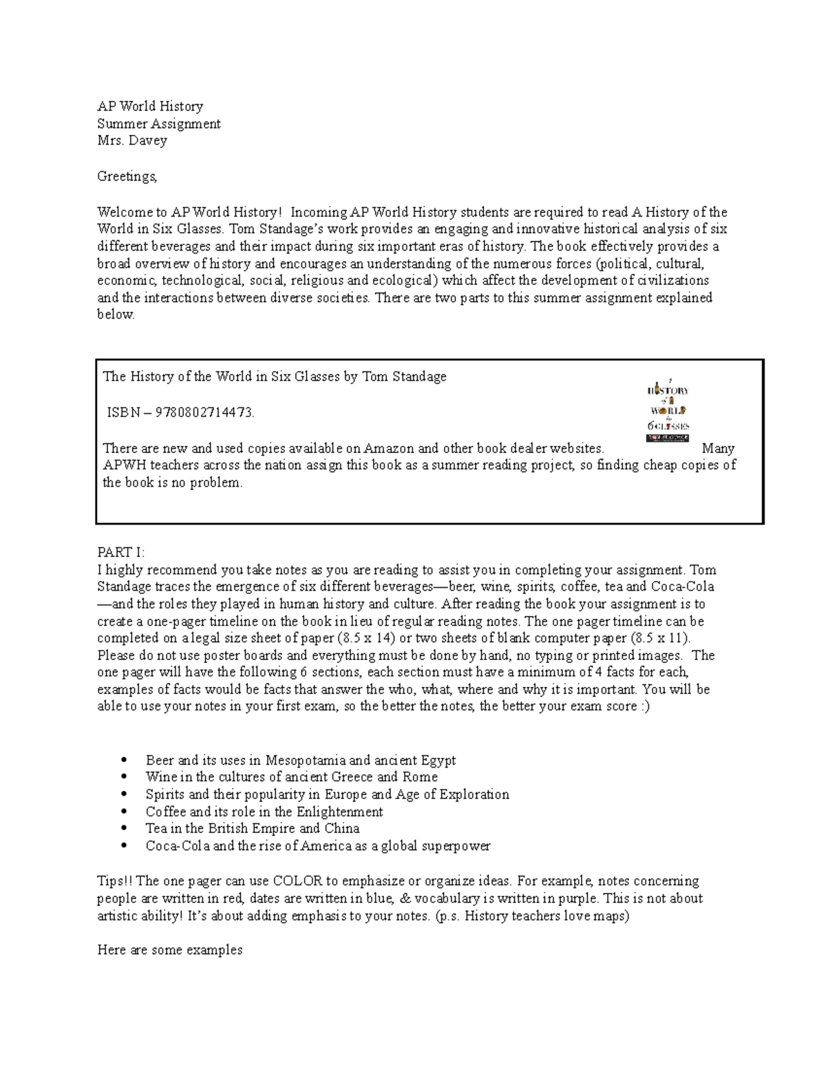 AP World Summer assignment - AP World History Summer Assignment Mrs ...