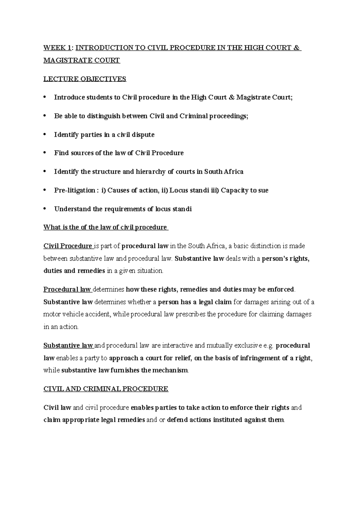 Civil Procedure Lecture notes - WEEK 1: INTRODUCTION TO CIVIL PROCEDURE ...