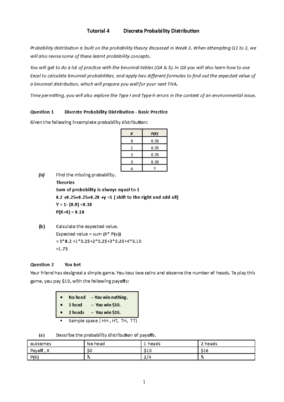 Tute 4 - Discrete Probability Distribution - Tutorial 4 Discrete ...