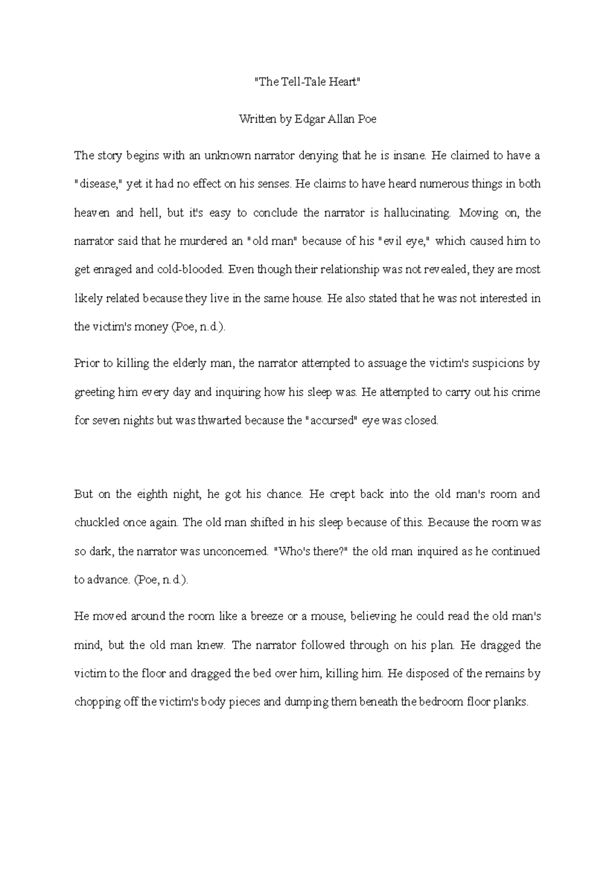 Engl 1405 Discussion assignment unit 5 - "The Tell-Tale Heart" Written ...