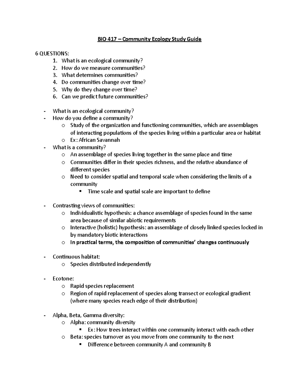 BIO 417 – Community Ecology Study Guide - BIO 417 – Community Ecology ...