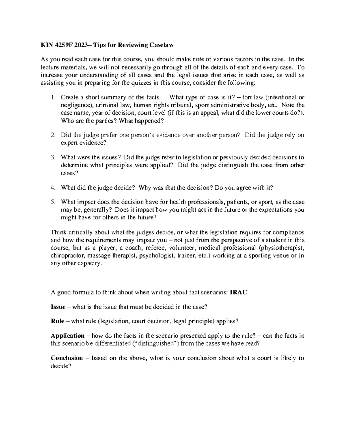Tips for reading cases - tips - KIN 4259F 2023– Tips for Reviewing ...