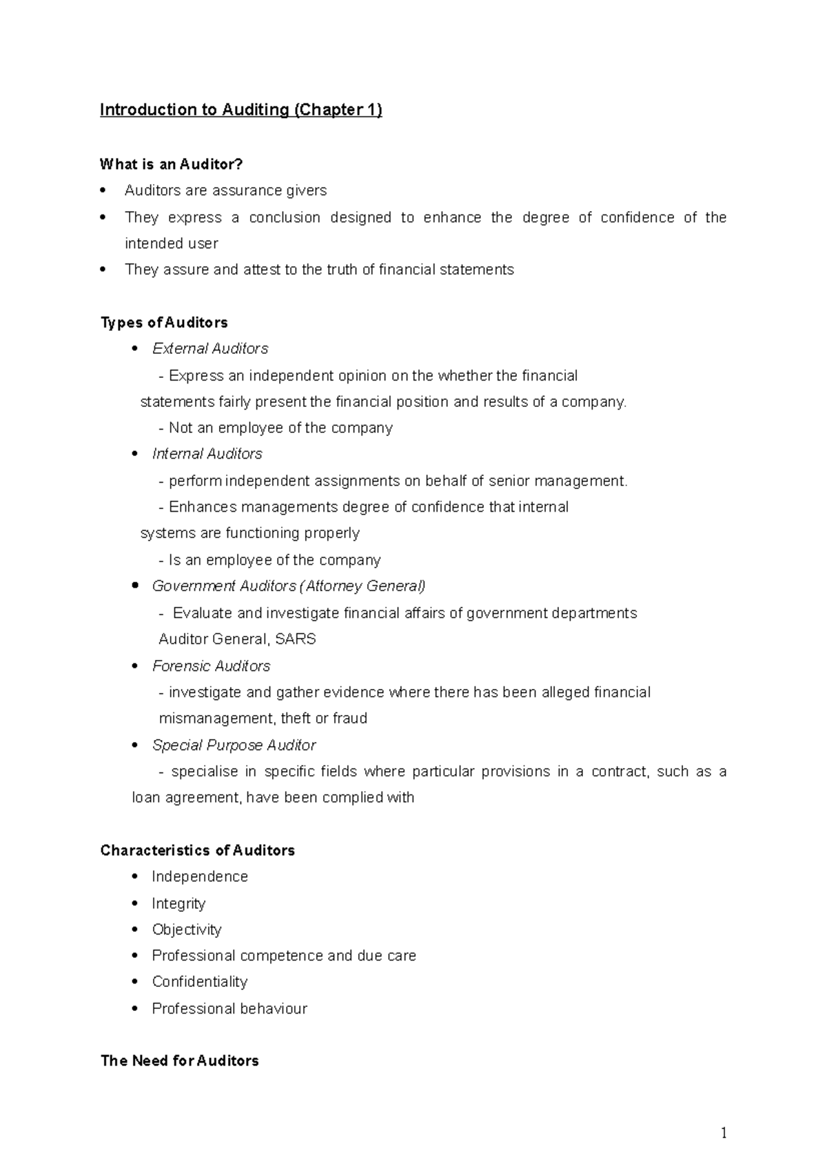Auditing Summaries - Introduction to Auditing (Chapter 1) What is an Auditor? Auditors are - Studocu