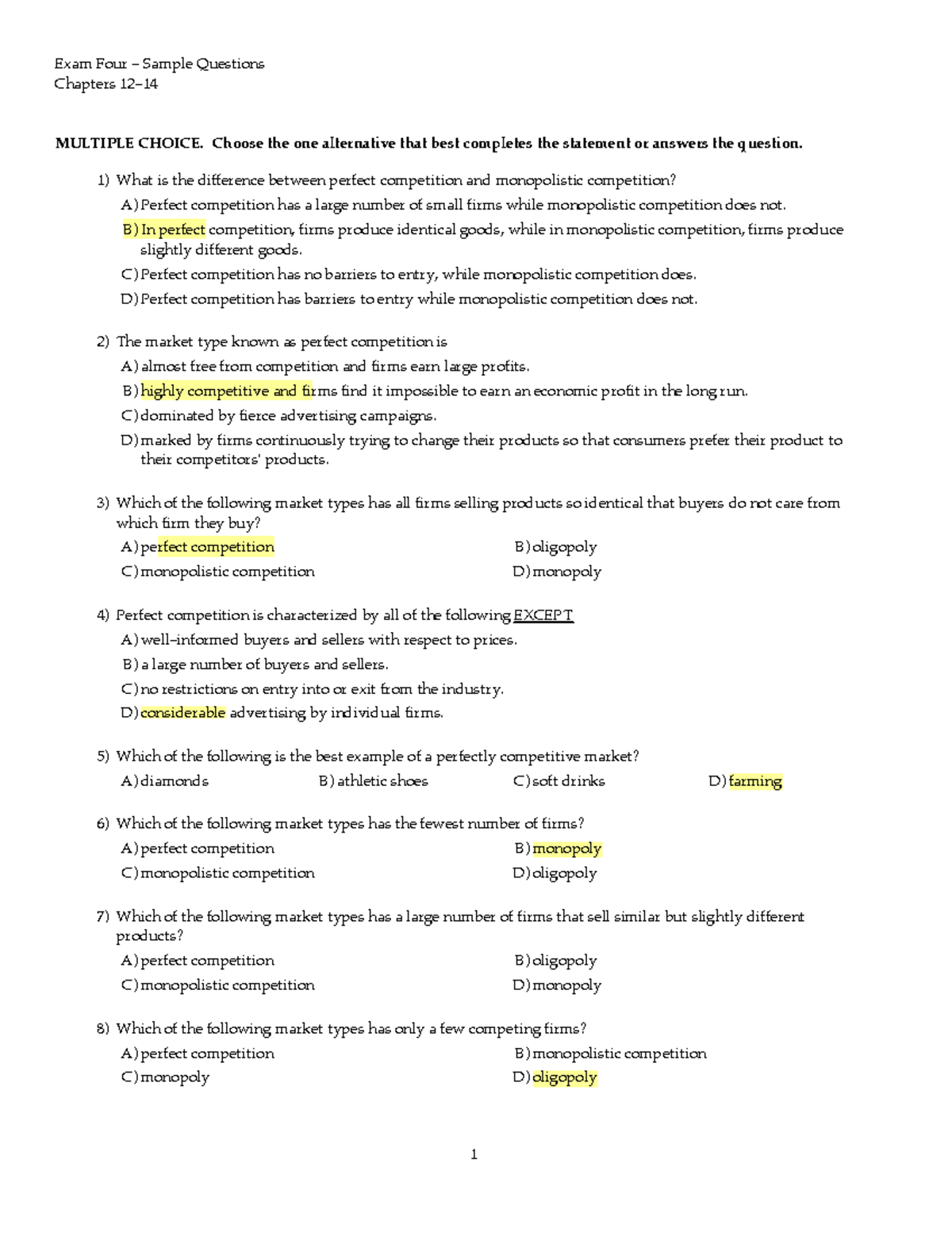 Exam4sample ques - Good - Exam Four - Sample Questions Chapters 12 ...