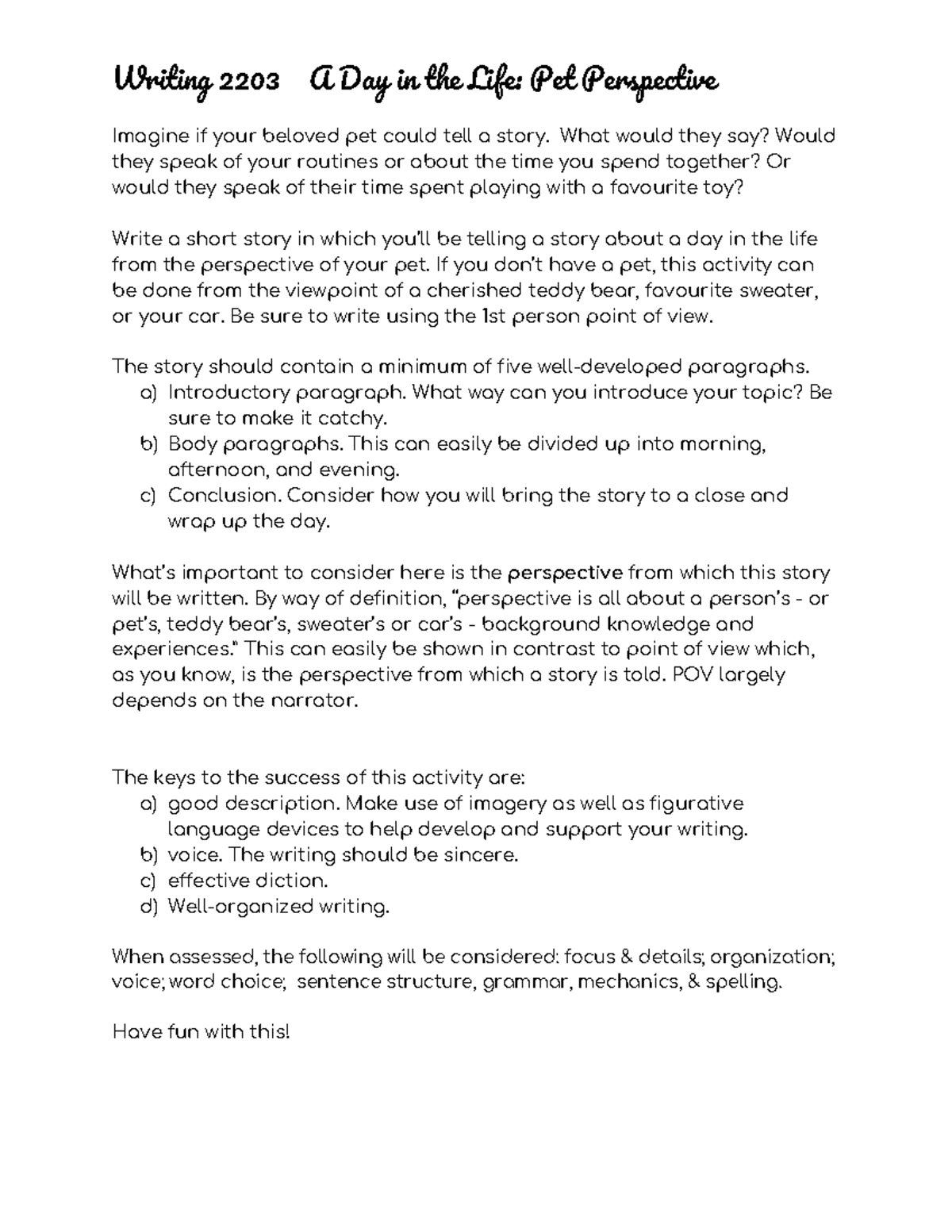 A Day in the Life: Pet Perspective - Writing 2203 A Day in the Life ...