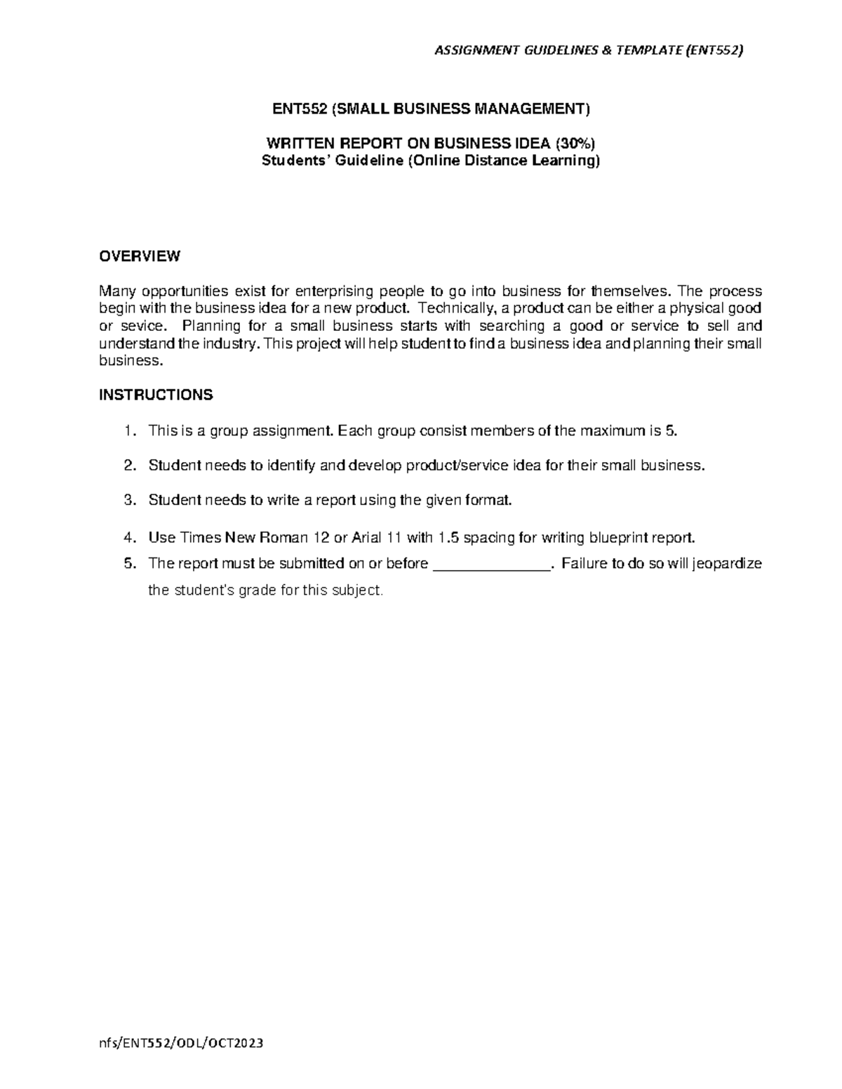 ENT552 Group Assignment Business IDEA Guidelines ODL OCT2023 - ENT552 ...