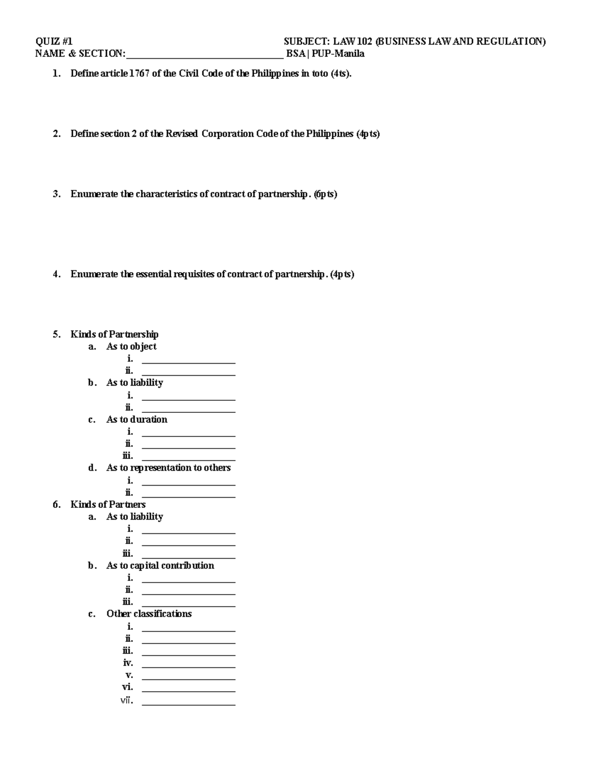 QUIZ IN Business LAW AND Regulations QUIZ 1 SUBJECT LAW 102