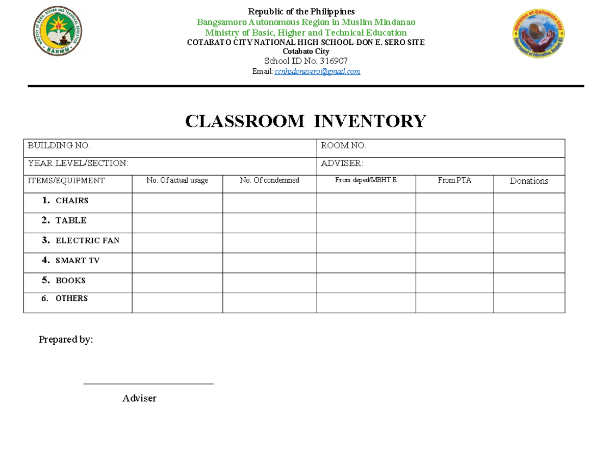 Classroom inventory - Republic of the Philippines Bangsamoro Autonomous ...