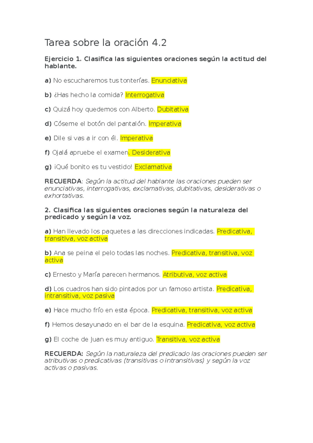 Unidad 4 ejercicio 2 espa Ã±ol - Tarea sobre la oración 4. Ejercicio 1 ...
