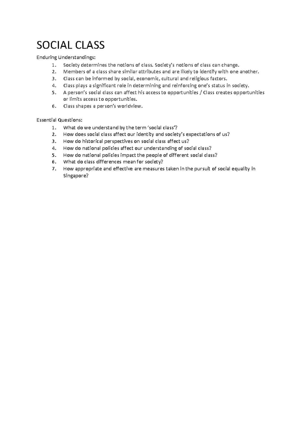 3. Social Class Reading Package - SOCIAL CLASS Enduring Understandings ...