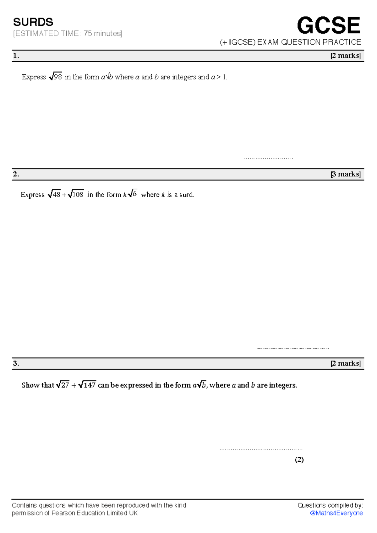 Surds gcse 9 1 practice questions 30212 - SURDS [ESTIMATED TIME: 75 ...