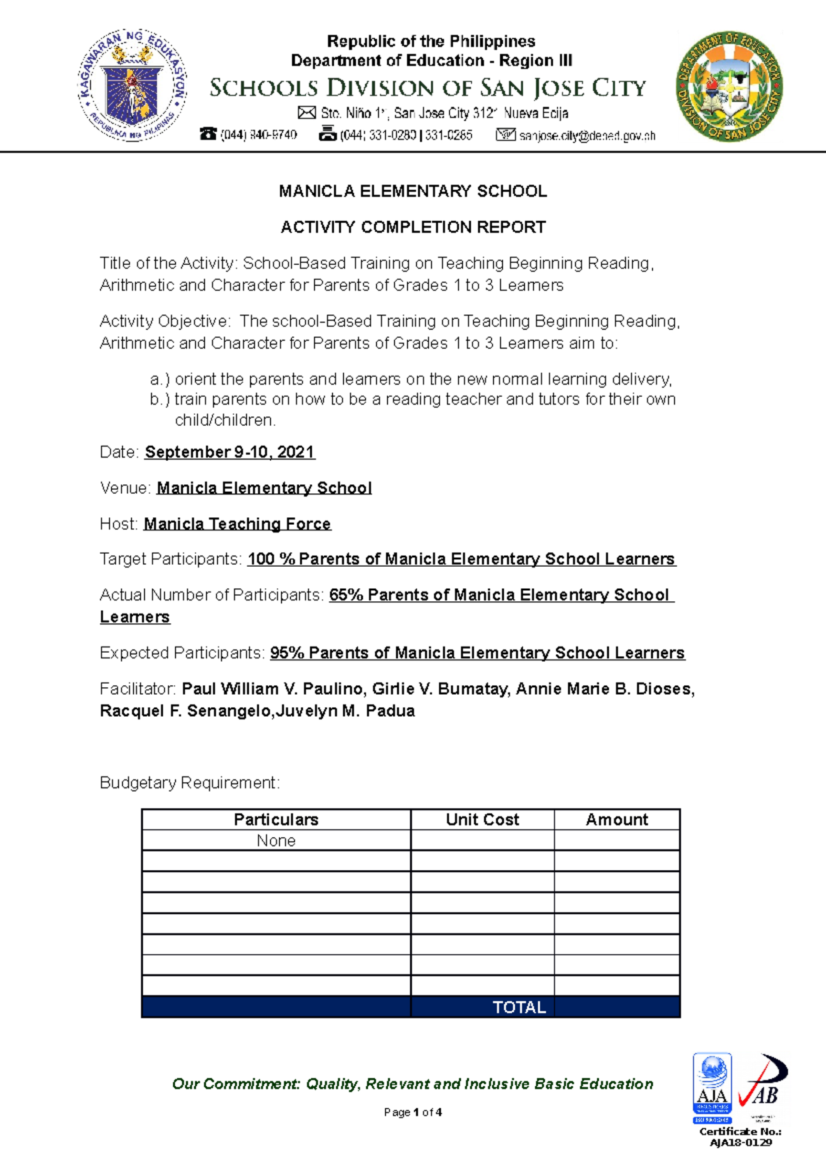 ACR- Parent Orientation 2021-2022 - Certificate No.: AJA18- MANICLA ...