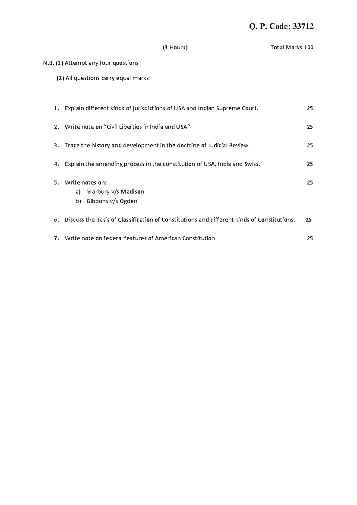 QUESTION PAPER COMPARATIVE CONSTITUTIONAL LAW - Q. P. Code: 33712 (3 ...