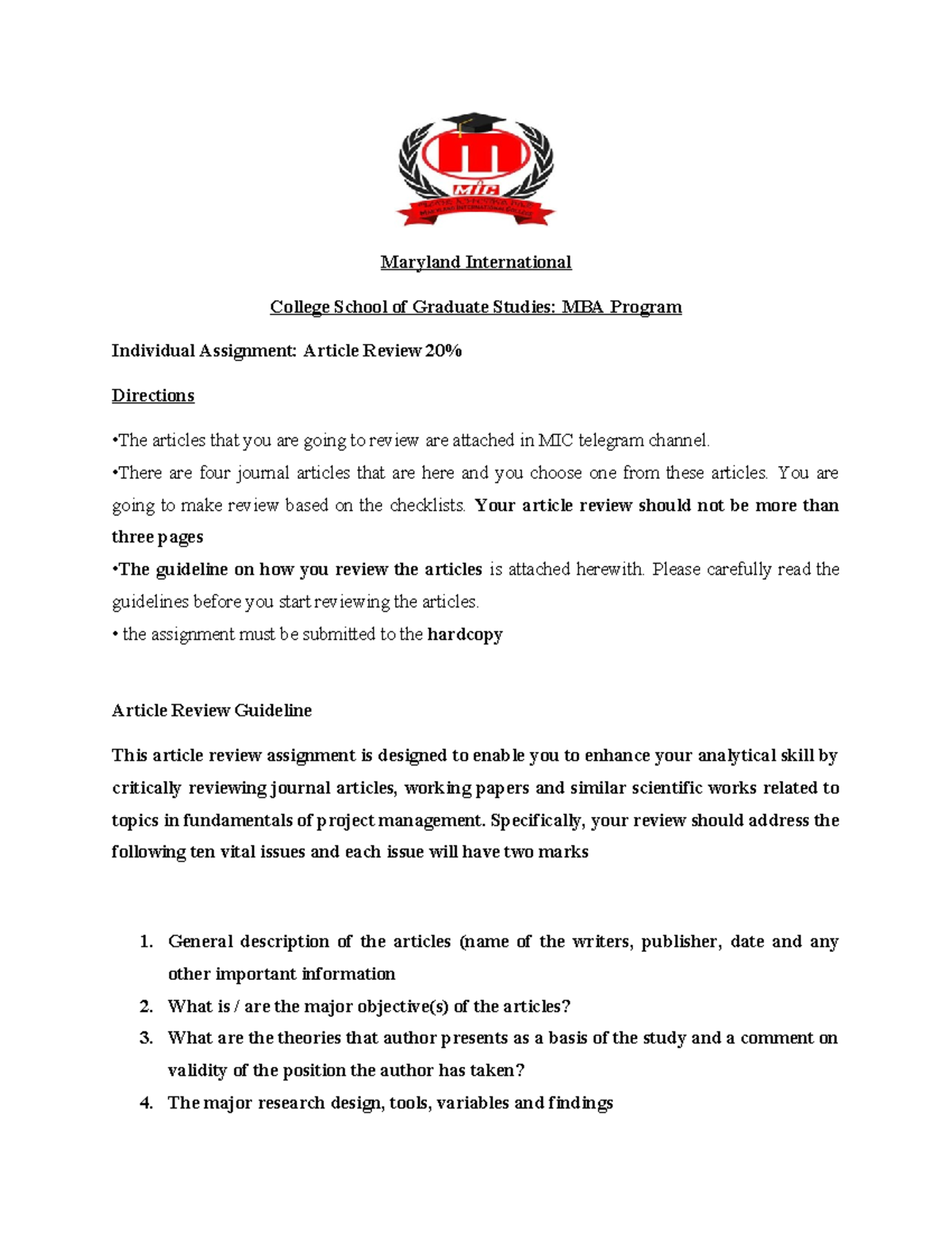 Project individual assignment - Maryland International College School ...