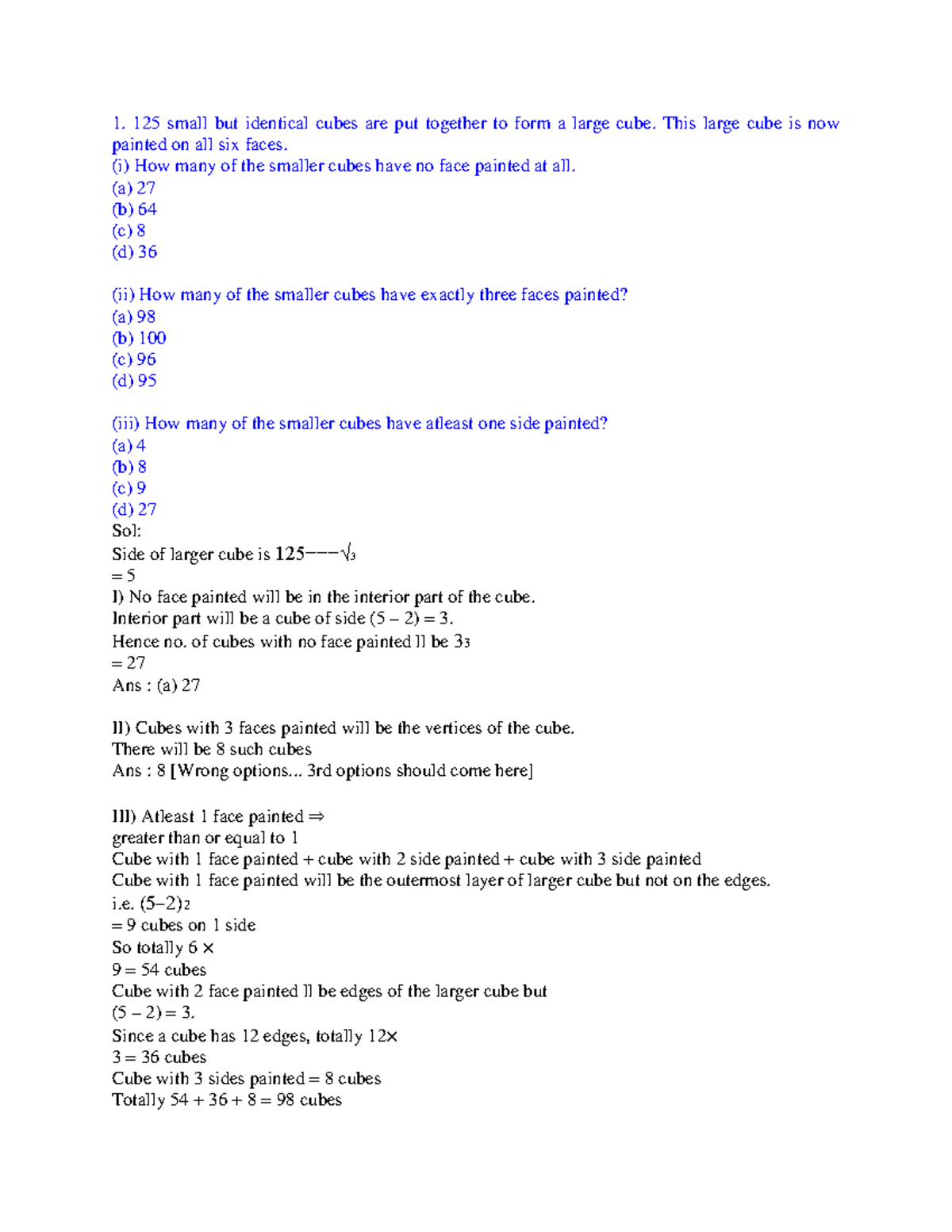 Infosys Placement Paper 2 sjjsnd D - 125 small but identical cubes are put together to form a ...