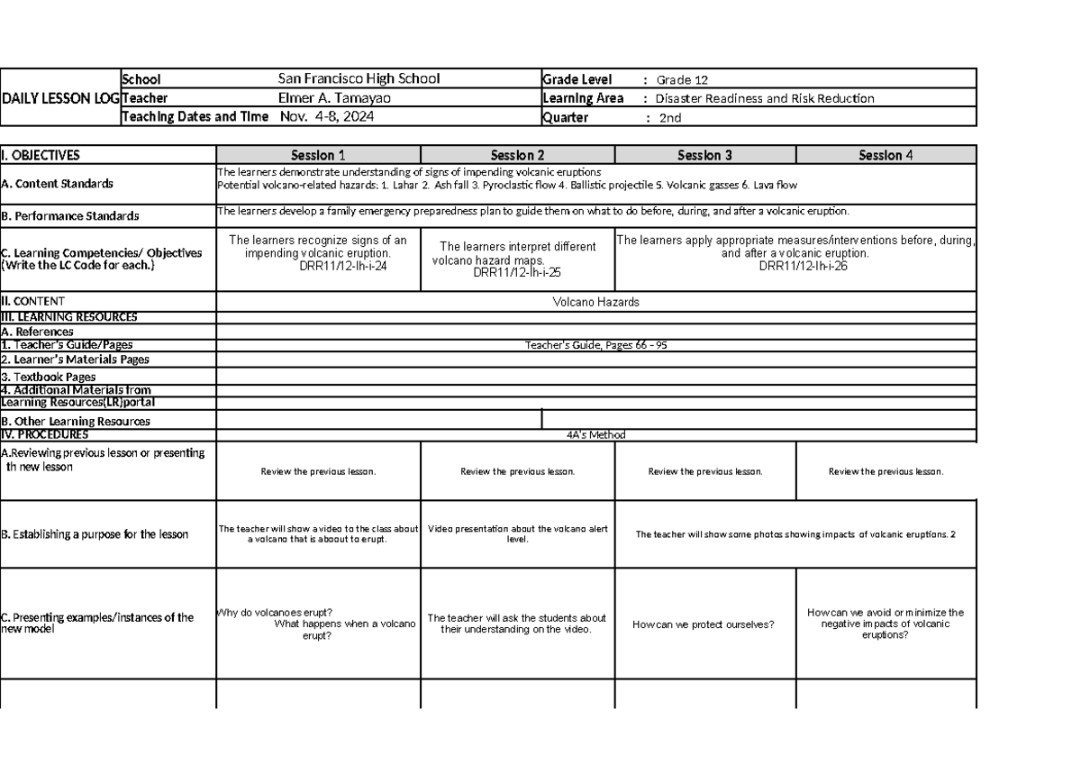 Dll drrr week 9 - Dll - DAILY LESSON LOG School San Francisco High ...