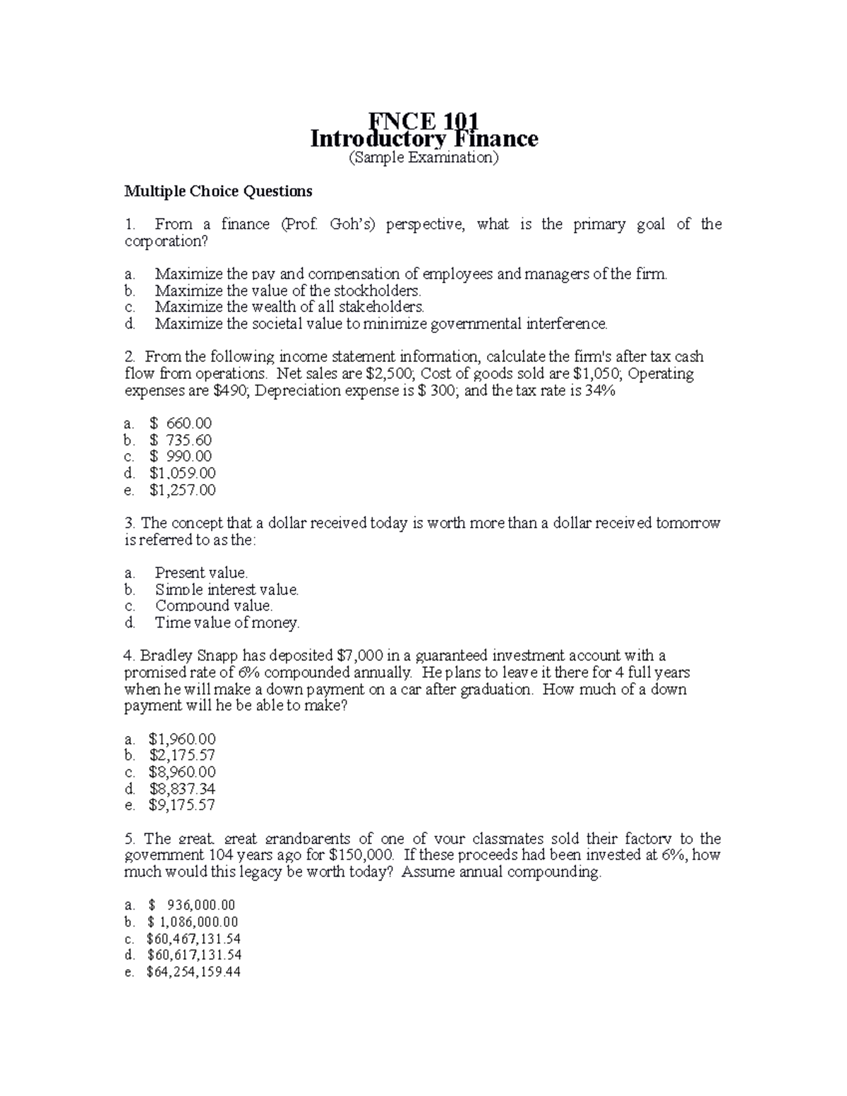 2023 FNCE101 Sample Exam - FNCE 101 Introductory Finance (Sample ...
