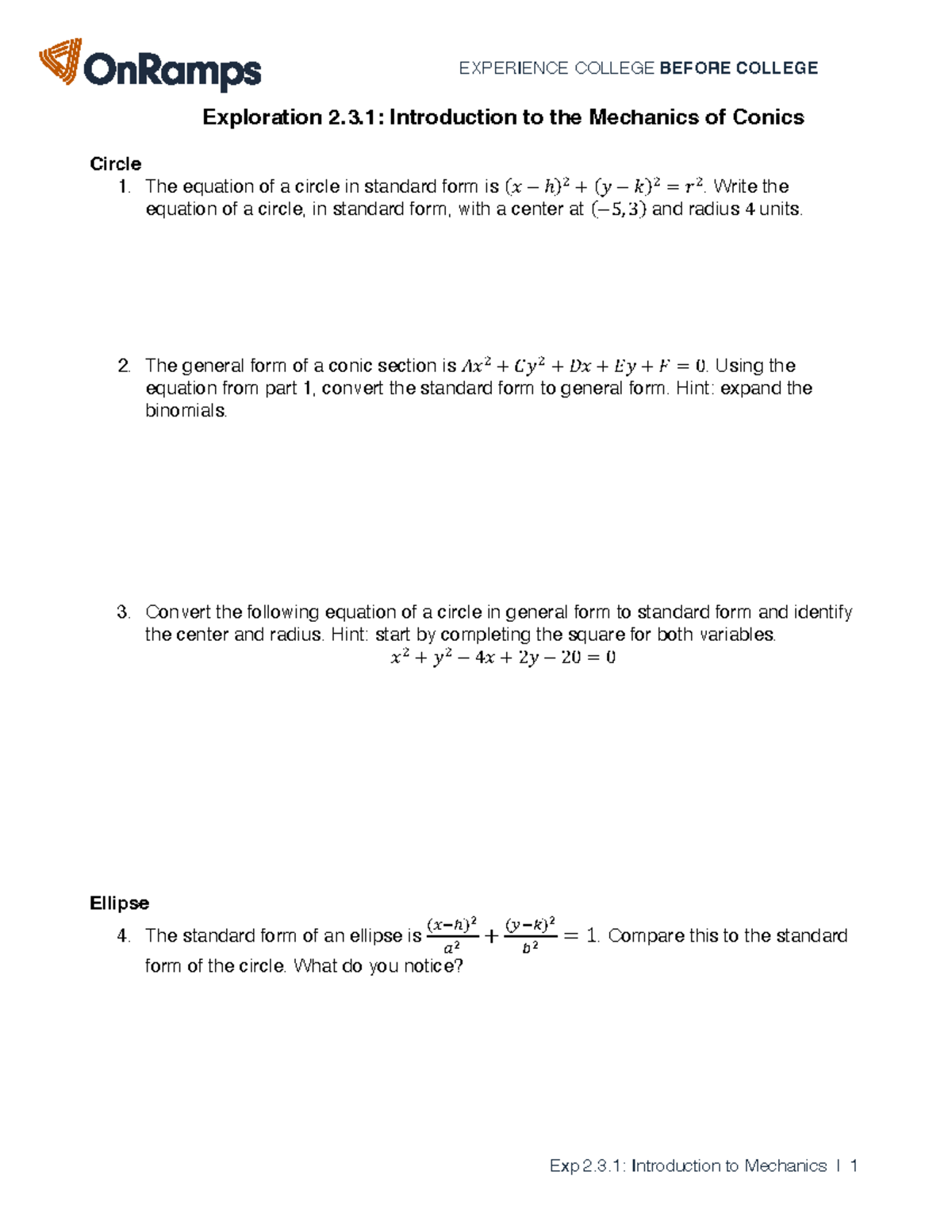 Exploration 2.3.1 Introduction to Mechanics of Conics - Exploration 2.3 ...