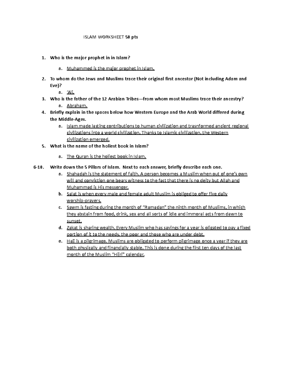 Islam Worksheet 2020 - ISLAM WORKSHEET 50 pts Who is the major prophet ...