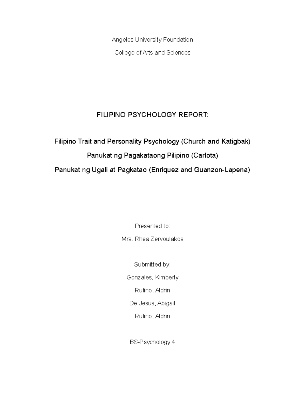FILIPINO TRAITS IN PSYCHOLOGY - Angeles University Foundation College ...