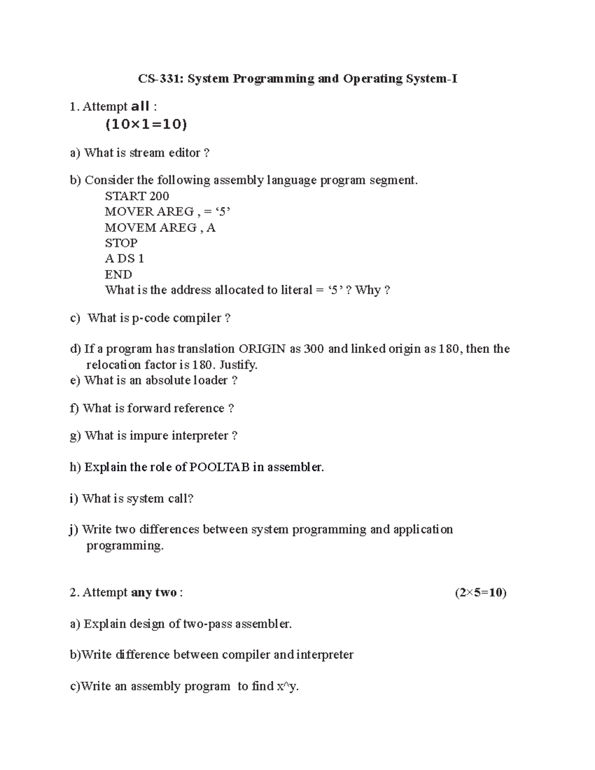 Question Bank System Programming 2 - CS-331: System Programming and ...