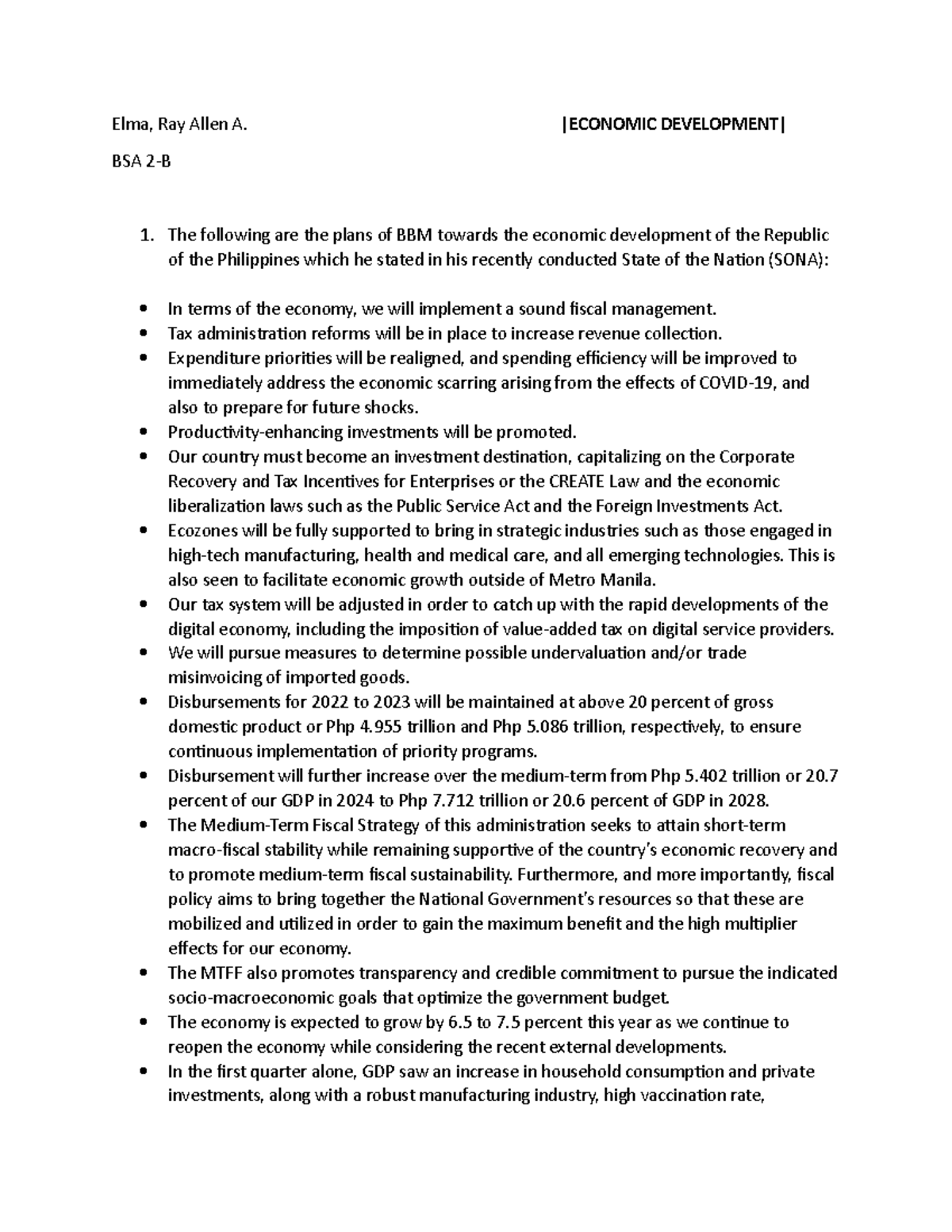 ASS IN ECON 2 - ASSIGNMENT IN ECONOMIC DEVELOPMENT - Elma, Ray Allen A ...