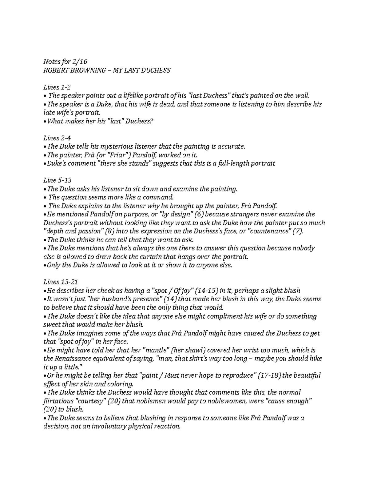 ROBERT BROWNING – MY LAST DUCHESS - Notes for 2/ ROBERT BROWNING – MY ...
