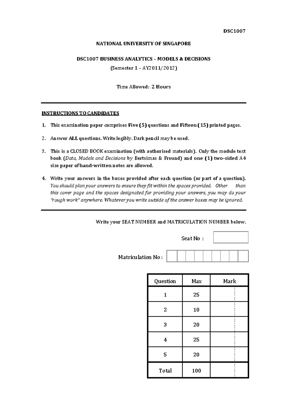 Past year exam paper - DSC NATIONAL UNIVERSITY OF SINGAPORE DSC1007 ...