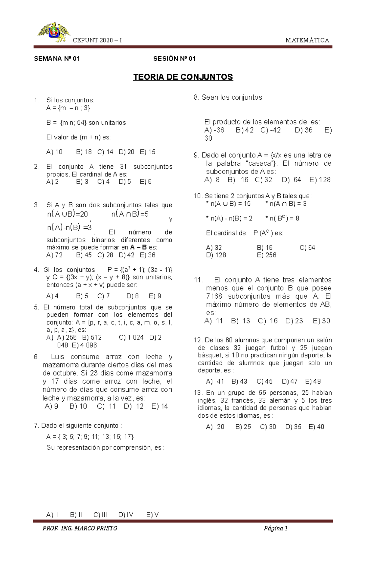 01 Conuntos 2020 I Prieto - CEPUNT 2020 – I MATEMÁTICA SEMANA Nº 01 SESIÓN Nº 01 TEORIA DE ...