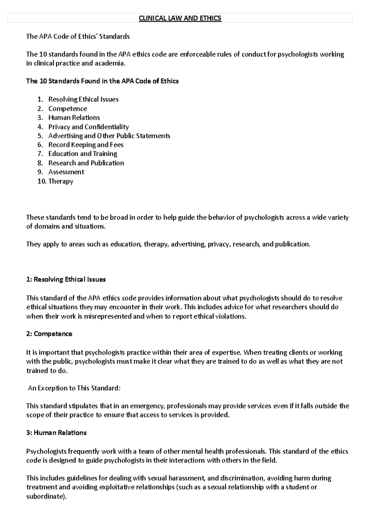 Clinical Law & Ethics unit 1 (part)2 - CLINICAL LAW AND ETHICS The APA ...