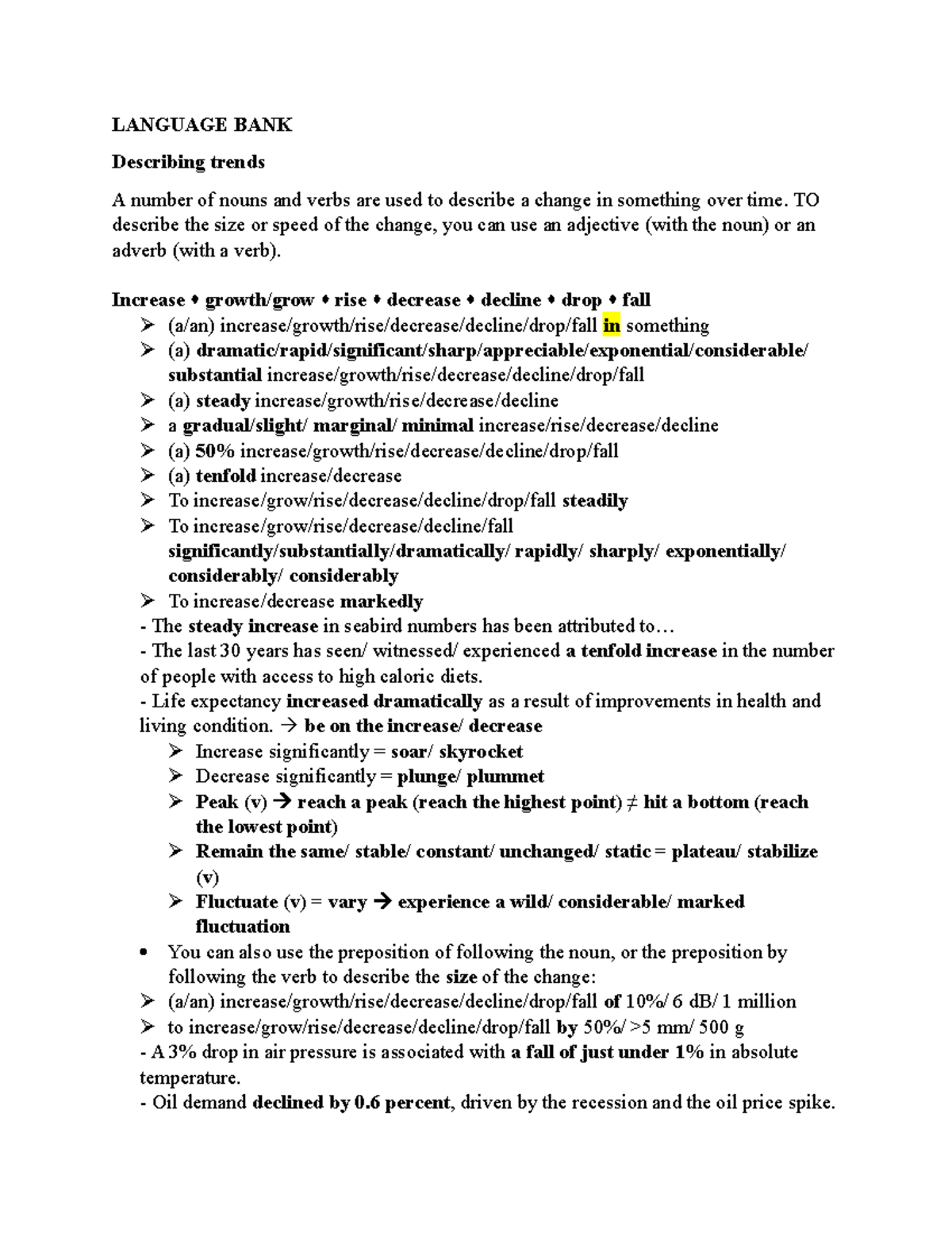 Writing - Language BANK ( Graph) - LANGUAGE BANK Describing trends A ...