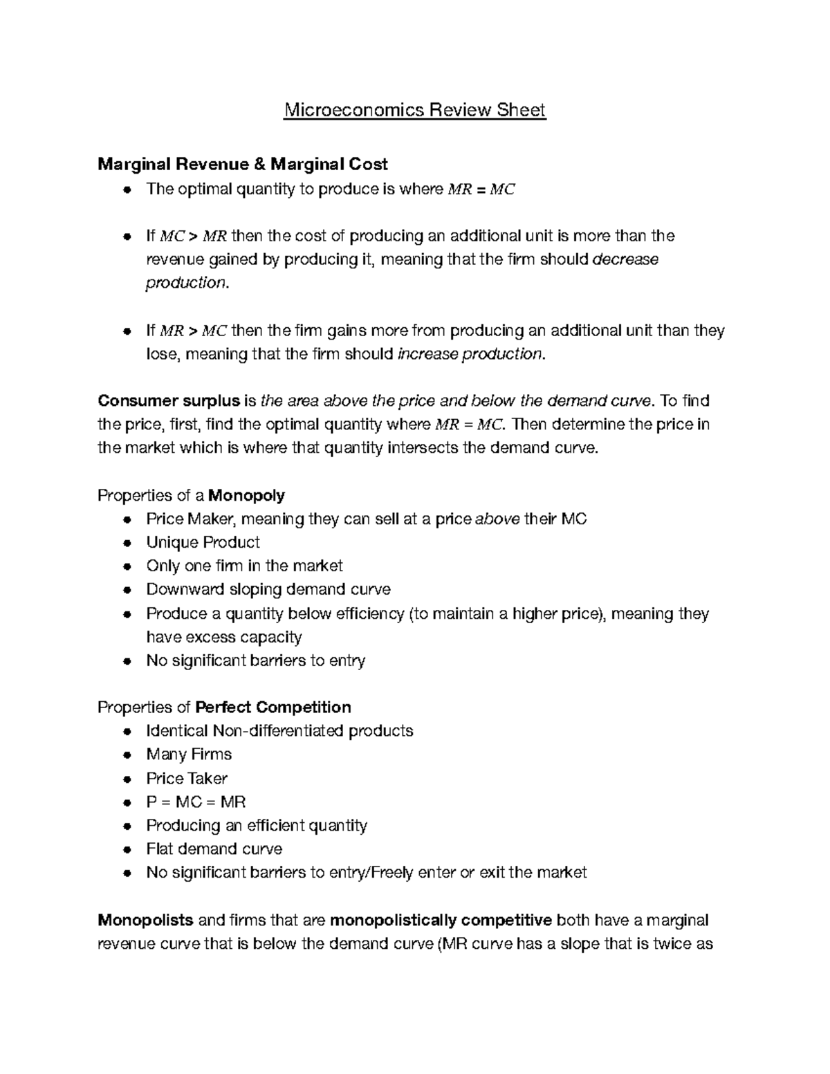 Intro to Business: Microeconomics Review Sheet - Microeconomics Review ...
