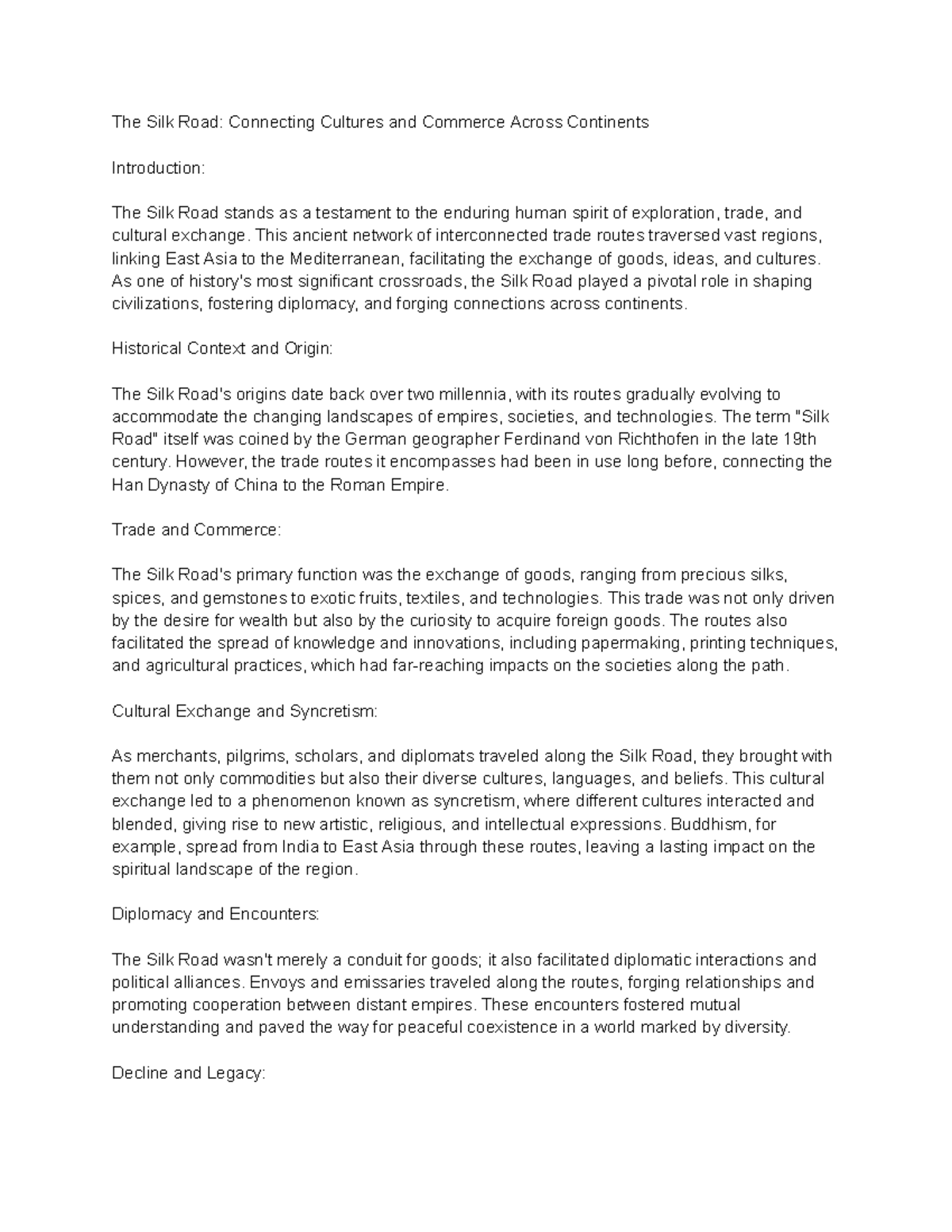 Silk Road Paper - lnkdnlkfn - The Silk Road: Connecting Cultures and ...