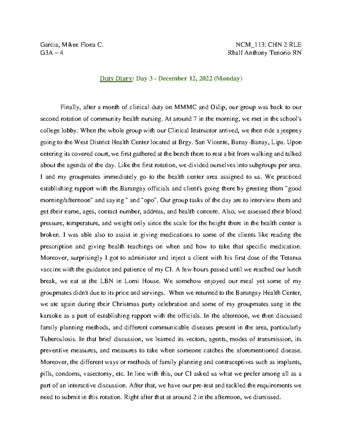 CHN Duty Diary Journal - Garcia, Mikee Flona C. NCM_113: CHN 2 RLE G3A ...