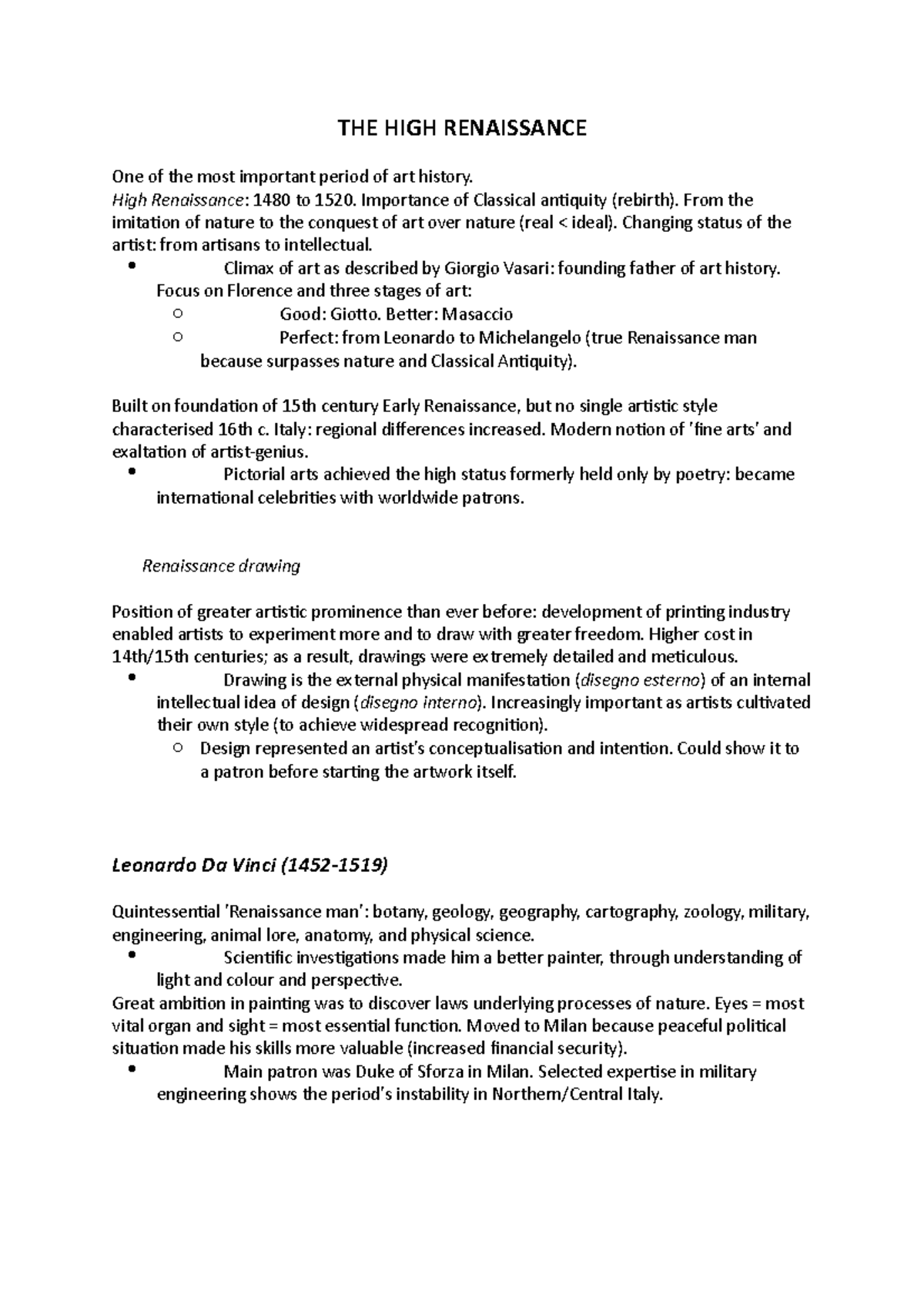 Week 5 Italy circa 1500 - Lecture notes Week 5 - THE HIGH RENAISSANCE ...