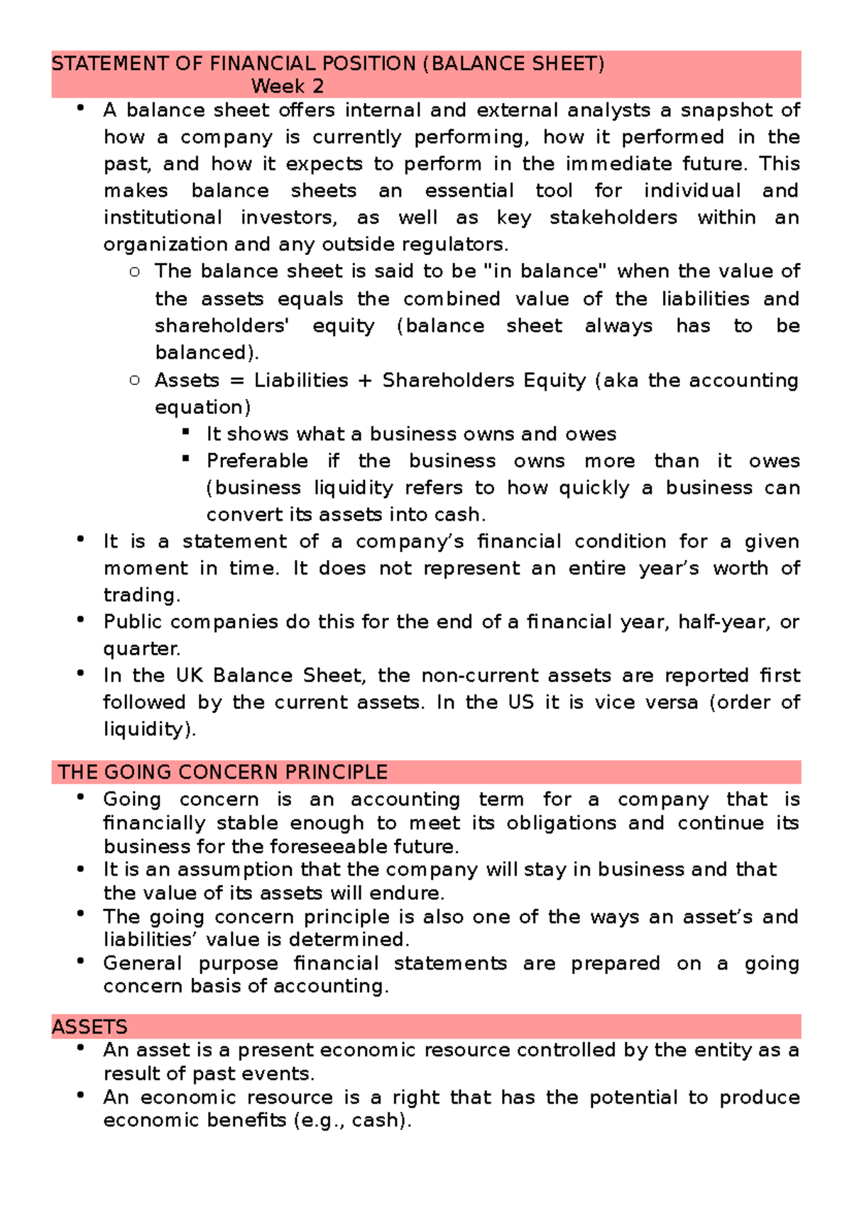 Balance Sheet Notes - STATEMENT OF FINANCIAL POSITION (BALANCE SHEET ...