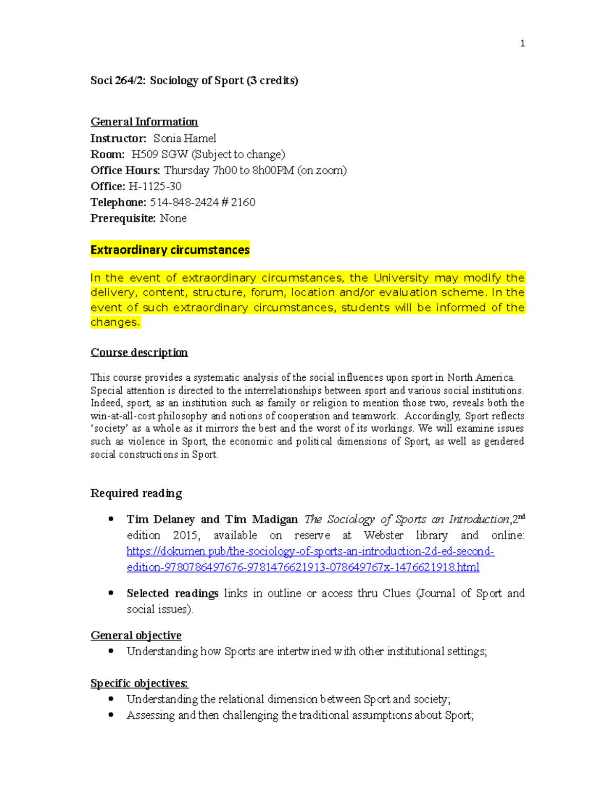 Soci sport fall 23 - Course outline - Soci 264/2: Sociology of Sport (3 ...